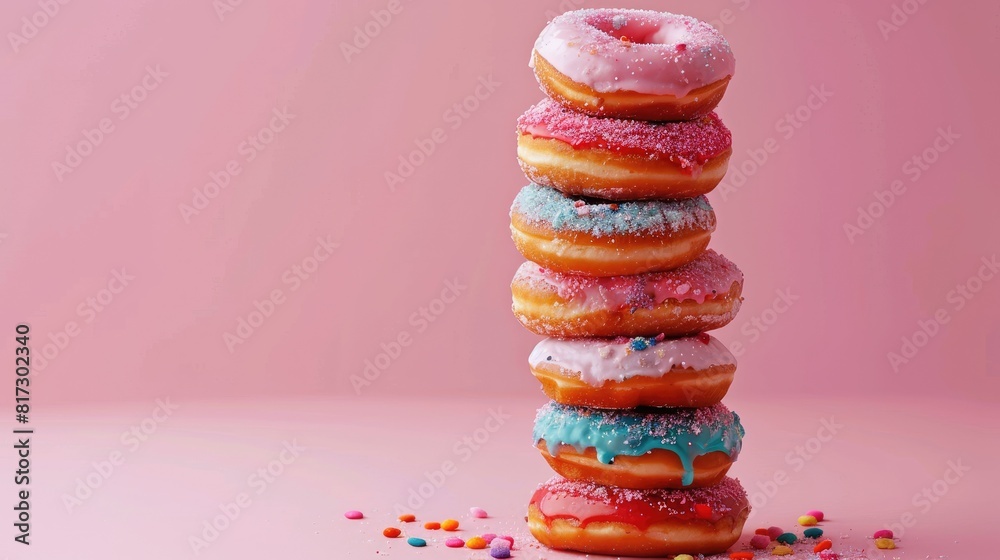 Picture a vibrant stack of colorful donuts set against a playful pink ...
