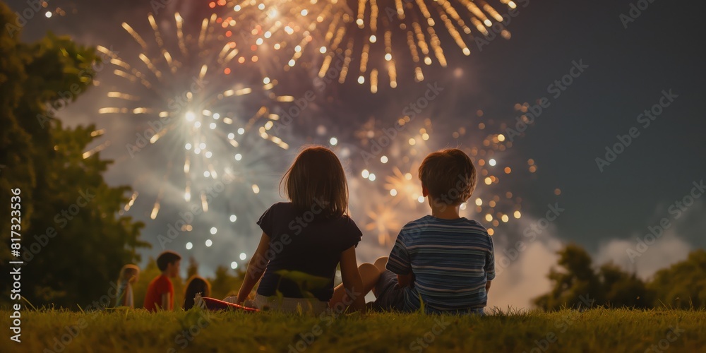 Two children are seen from behind sitting on the grass, observing a ...