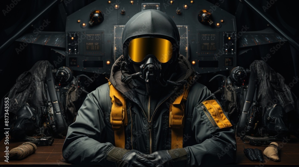 Fighter Pilot in Full Gear Sitting Inside Aircraft Cockpit with Modern ...