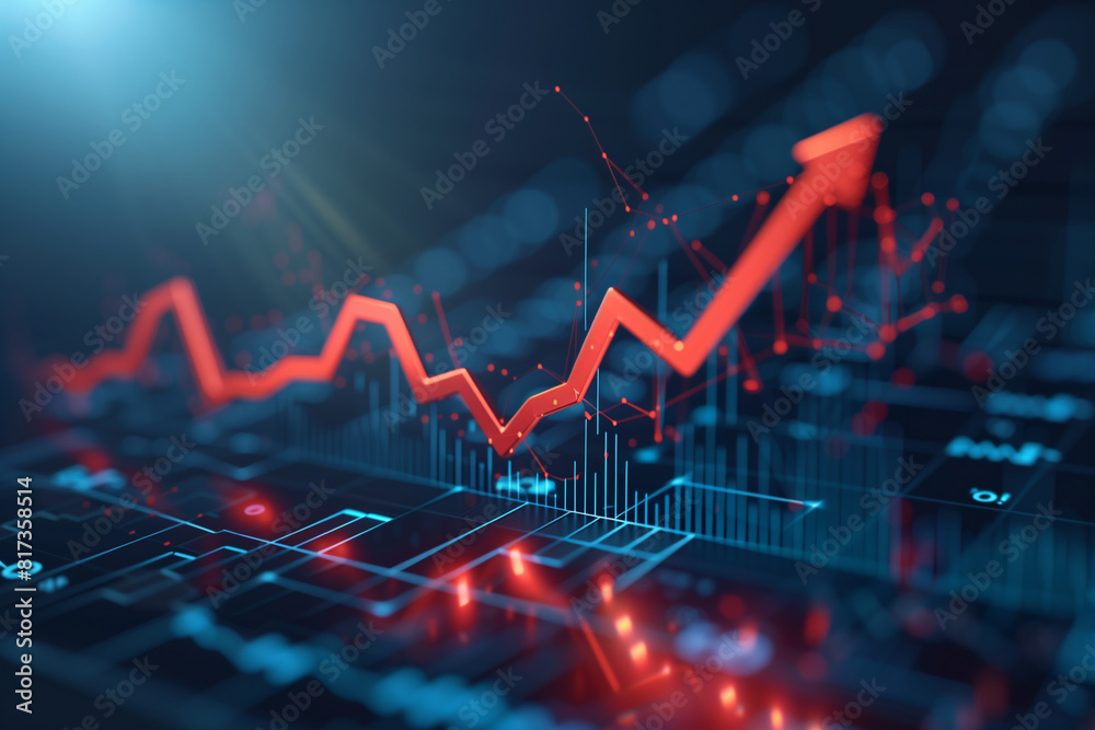 Rising sales charts are vividly marked by a red arrow on the business ...