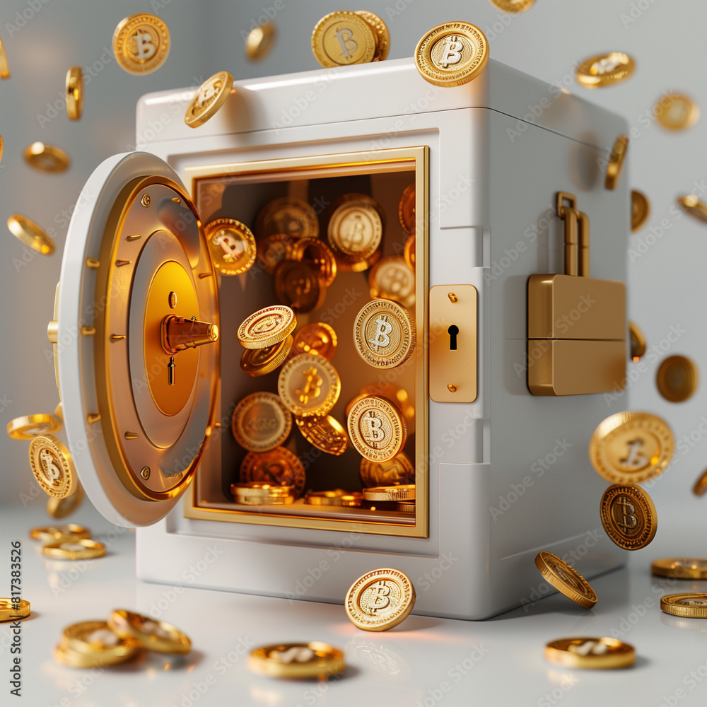 3D isometric icon of an opened safe with gold coins floating out ...
