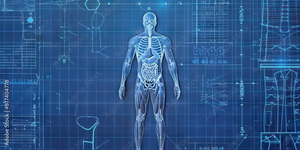 A blueprint of the human body adorns a scientist's wall, reminding them ...