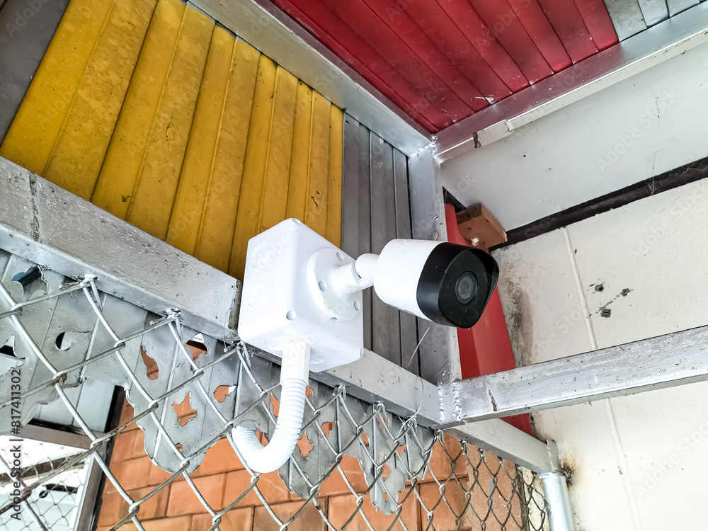 Installation of CCTV cameras on steel frames inside buildings. Stock ...