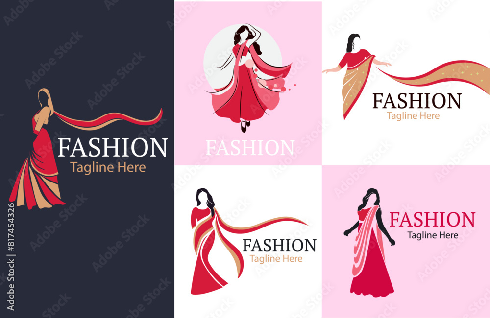 A set of Fashion vector logos with female figures in saree dresses ...