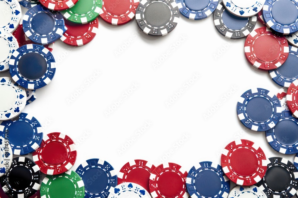 poker chips frame on a white background with a free space in the middle ...