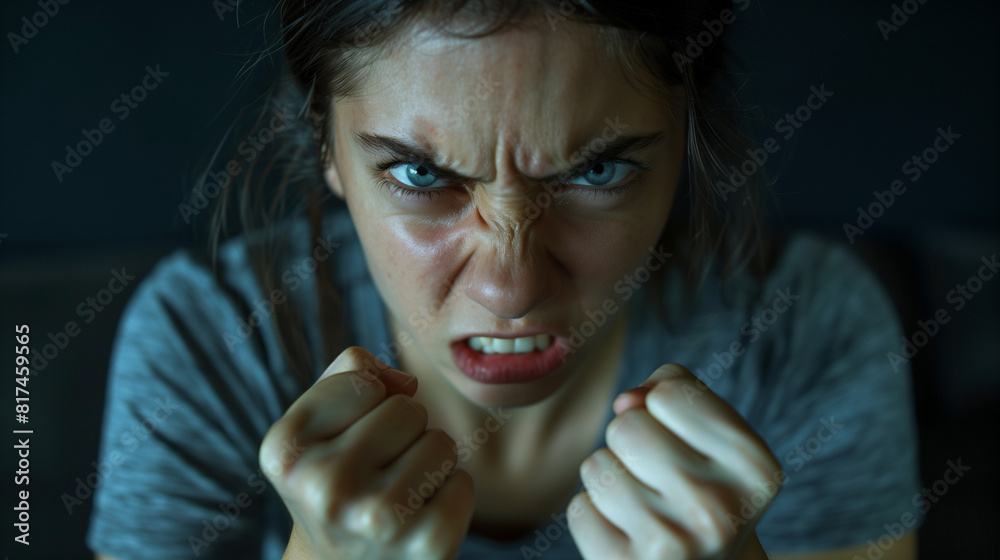 Portrait of an angry and frustrated woman clenching her fists and ...