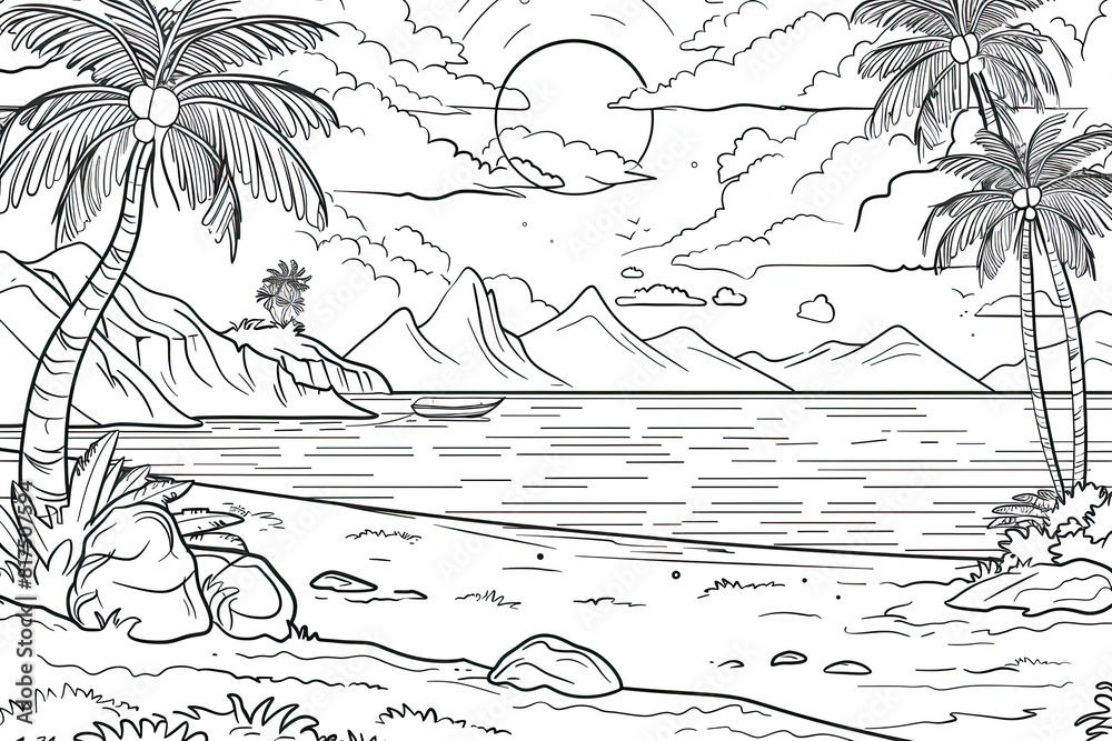 Summer sunny beach coloring page and Coloring book tropical landscape ...