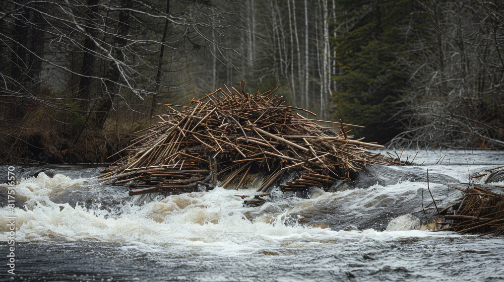 An image of a beaver dam withstanding the forceful flow of river water ...