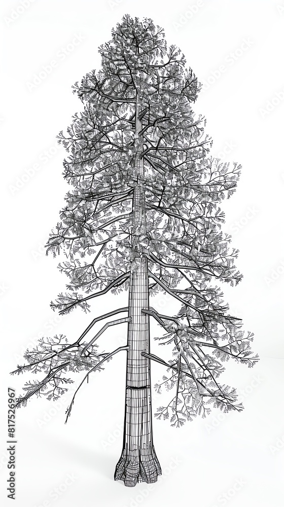 Create a realistic 3D model of a very tall pine tree. The tree should ...