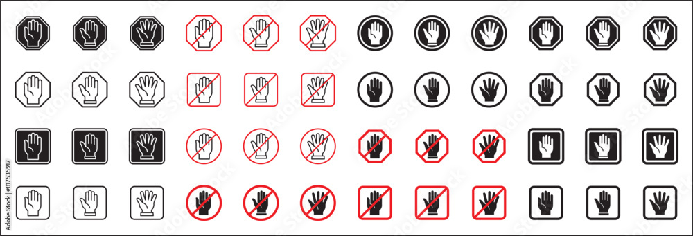 Stop hand icon. Forbidden sign collection. Hand gesture restriction ...