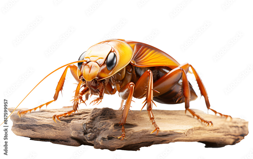 Brown cockroach Blattodea or Blattaria perched on log Isolated on cut ...