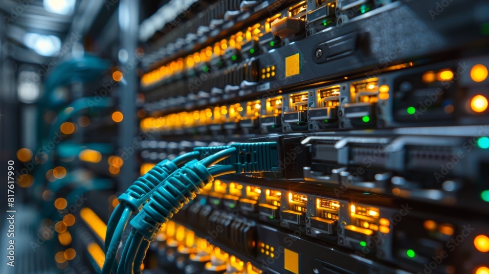 Big data center full of servers. Rows of rack-mounted servers with ...