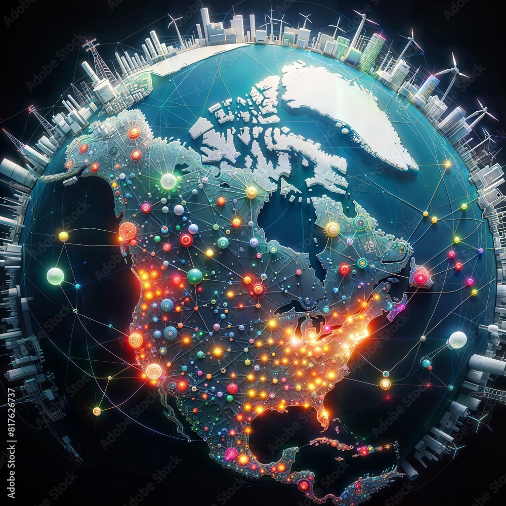 Illuminated North America map depicting vibrant energy nodes ...