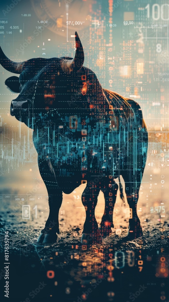 A bull is standing in front of a computer screen with a lot of numbers ...