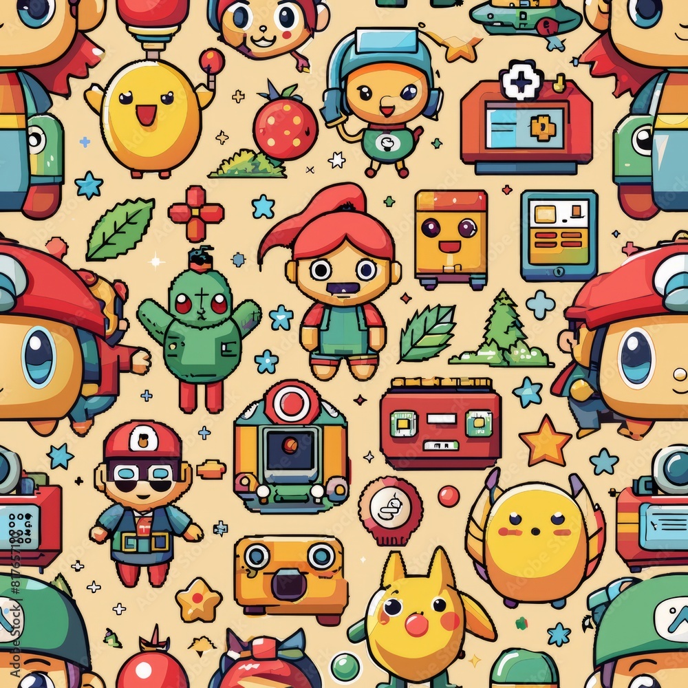 Seamless pattern of retro-inspired video game characters and icons ...