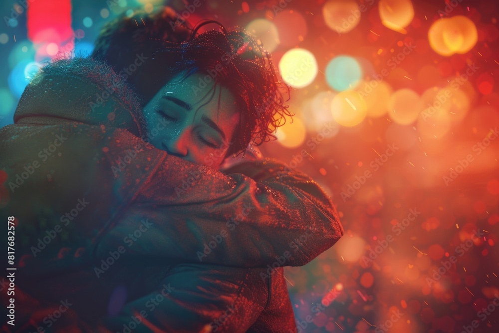 Romantic scene of a man hugging a woman in the rain, perfect for ...