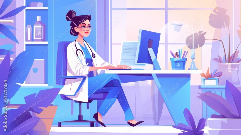 Cartoon illustration set of a female doctor sitting at a desk with a ...