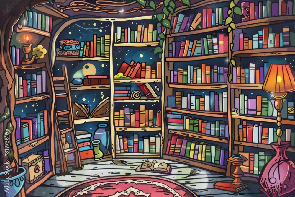 Cartoon cute doodles of a magical library filled with books that come ...