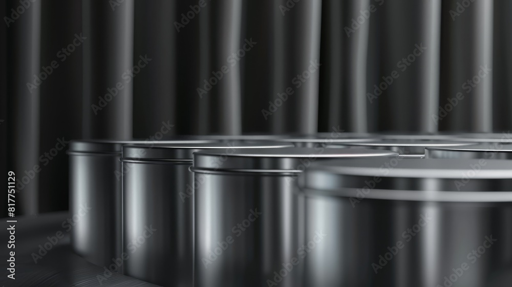 Row of silver metal podiums on a 3D stage, close up on linear ...