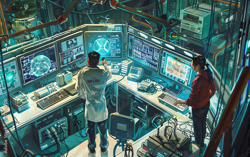 Illustrate a love story set in a high-tech laboratory where two ...