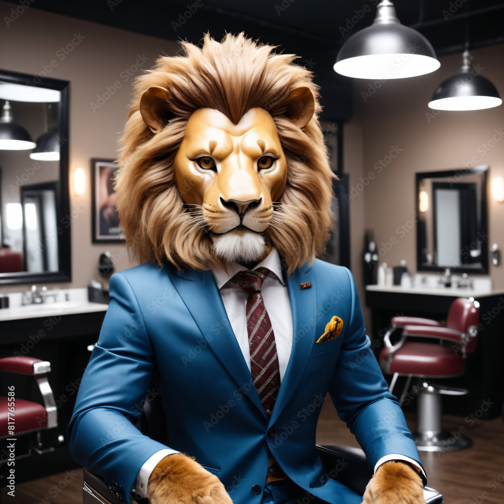 cool-looking Anthropomorphic lion in a barbershop, receiving a stylish ...