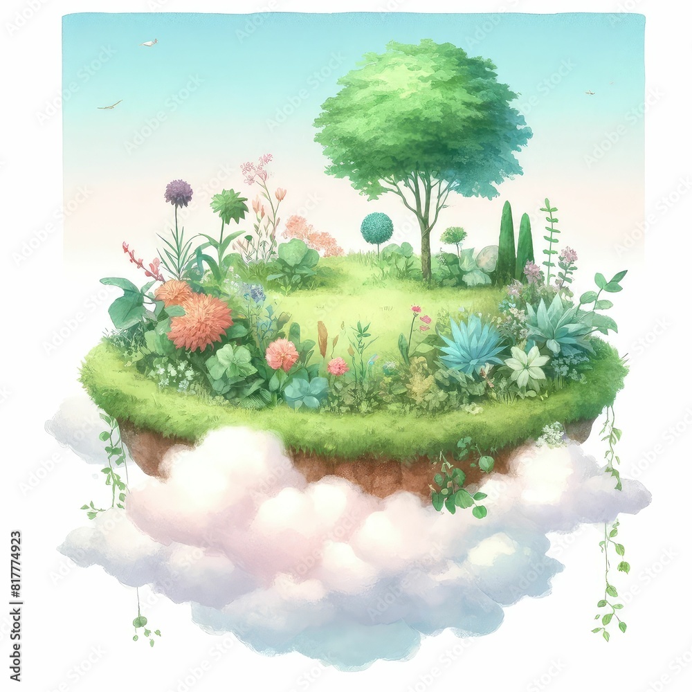 A floating garden in the sky. watercolor illustration, Perfect for ...