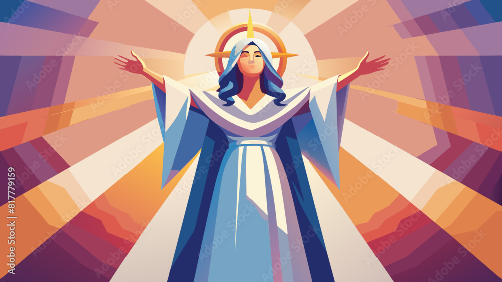 Radiant Angelic Figure with Open Arms Against a Colorful Geometric ...
