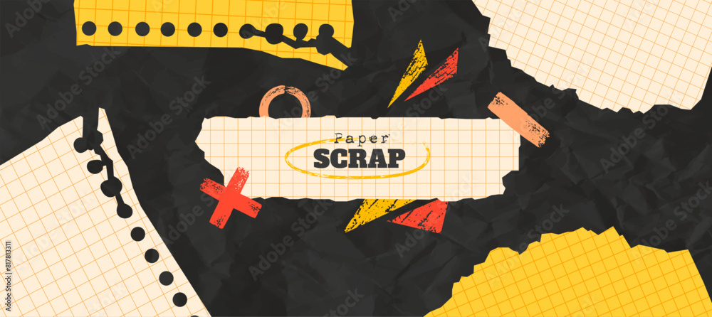Paper scrap collage background. Torn notebook paper elements with ...