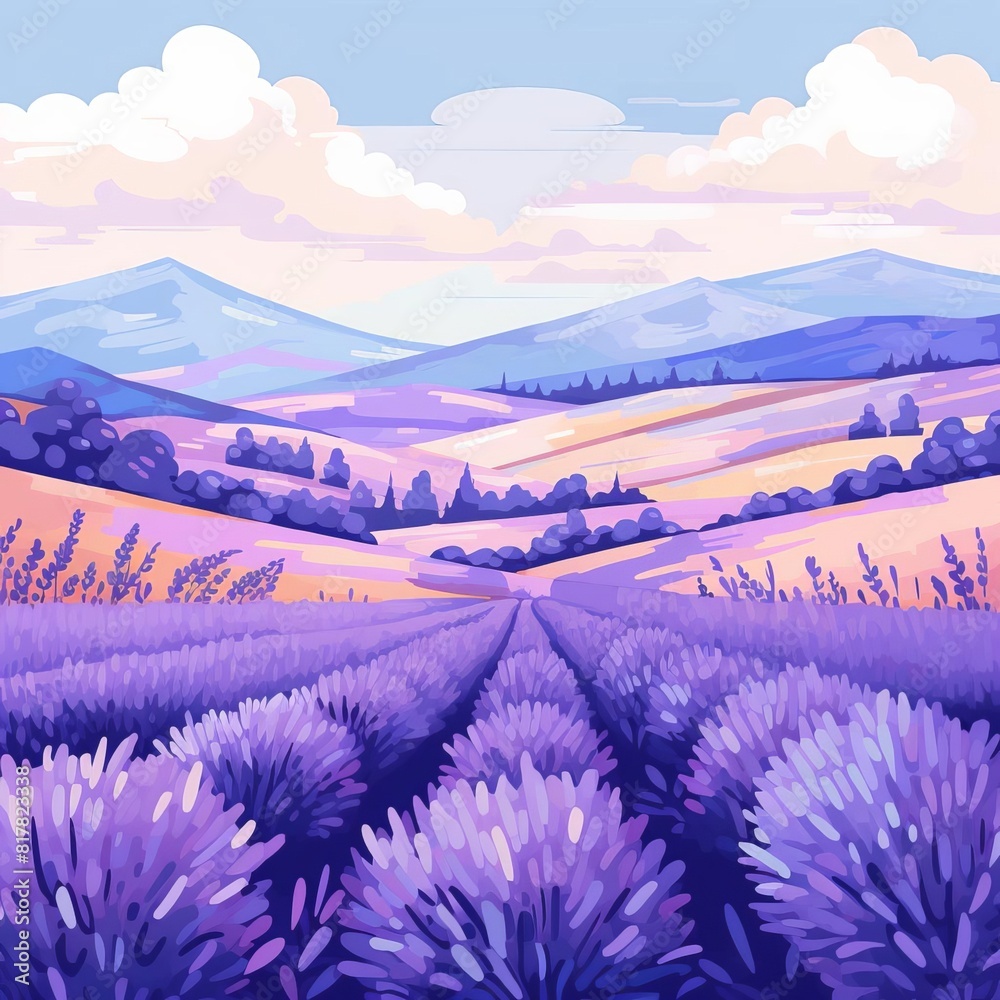 Lavender fields flat design top view calming effect theme water color ...