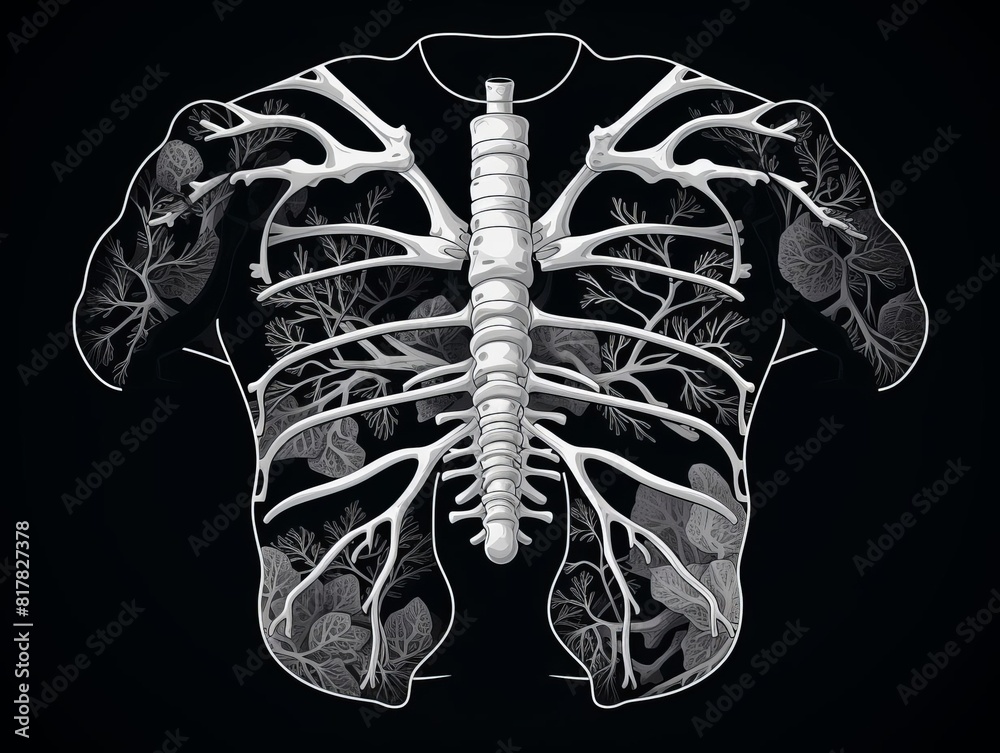 Thoracic Xray flat design front view chest cavity study theme cartoon ...