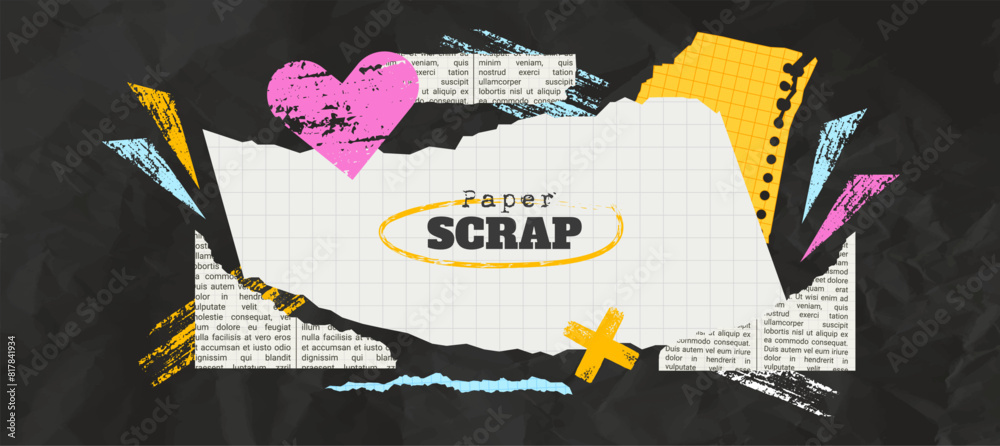 Notebook paper scrap background with torn newspaper and abstract grungy ...