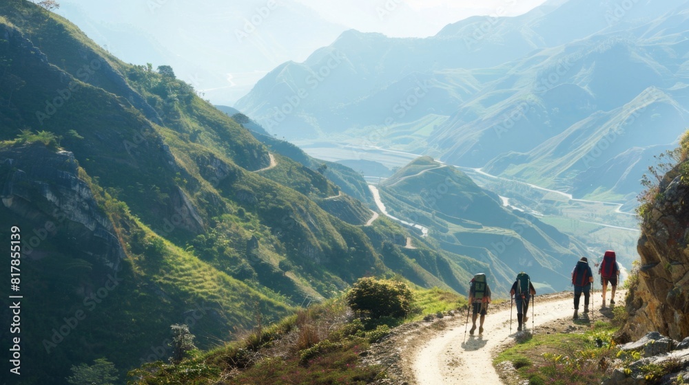 Hikers trekking along a mountain trail parallel to a scenic winding ...
