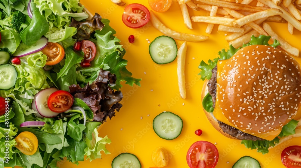 Healthy Food vs. Junk Food: Overhead Comparison of Fresh Salad and ...