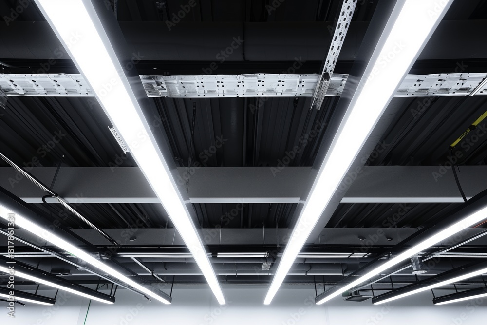 Ceiling with modern, bright linear LED lights in an industrial building ...