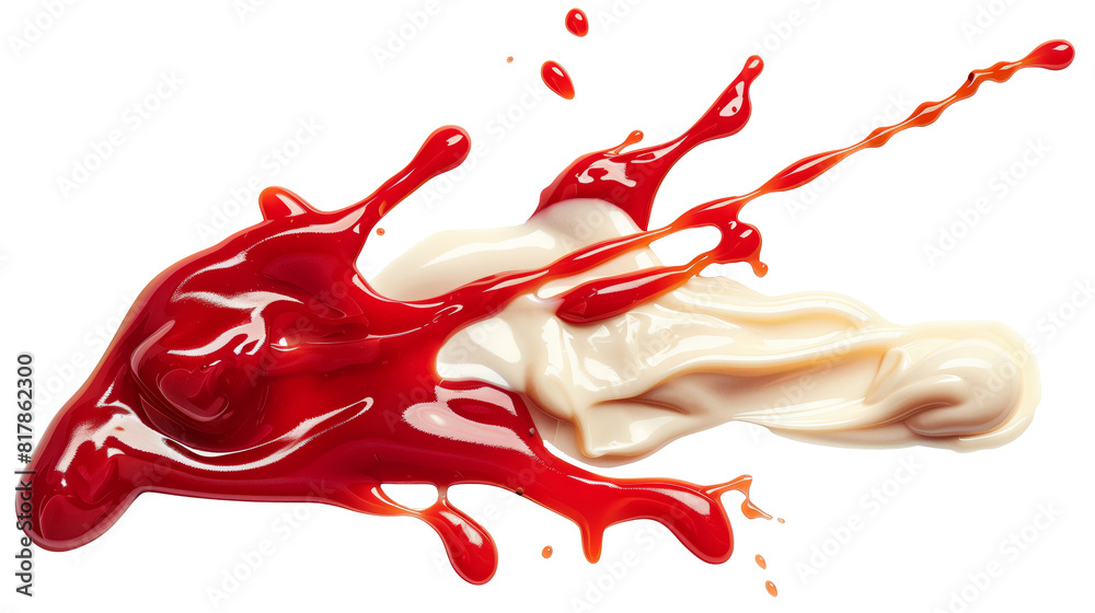White mayonnaise and red ketchup mixed together splashing around in ...
