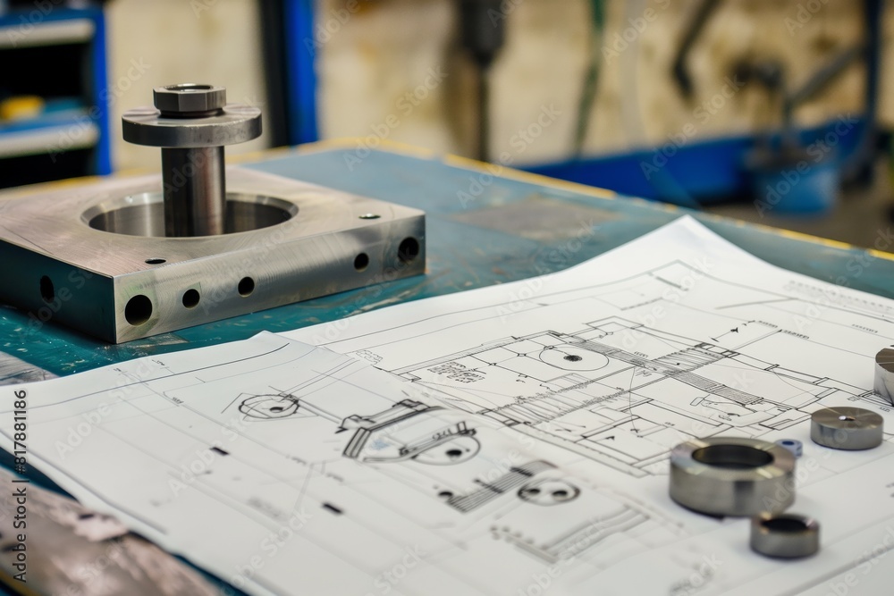 Close-up of metal parts and blueprints on a workbench in a mechanical ...