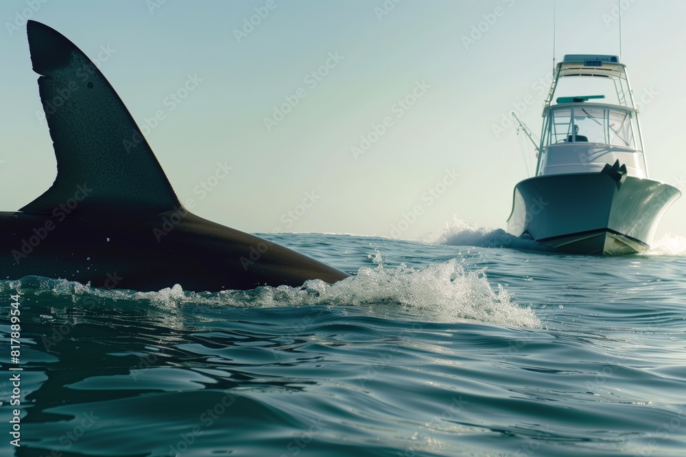 A shark fin rises from the water while a boat approaches in the ...