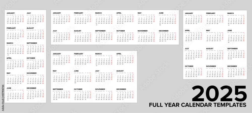 Four different layouts of full 2025 calendar templates Stock Vector ...
