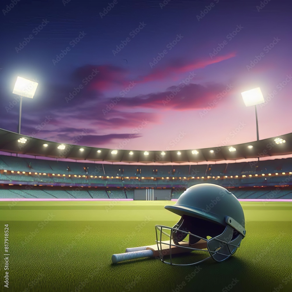 Cricket helmet and bat on grass of cricket stadium. View of cricket ...