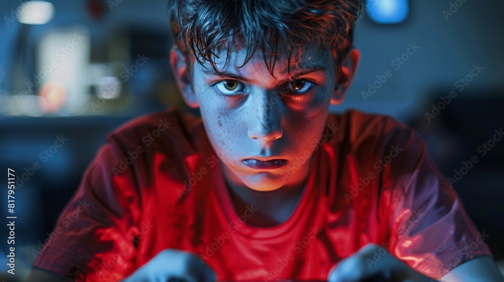 Angry boy playing video game in dark room with blue and red lighting ...