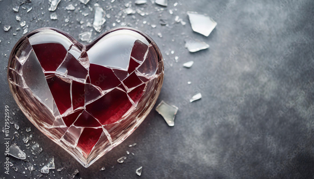 broken heart-shaped glass on a shattered background, with space for a ...