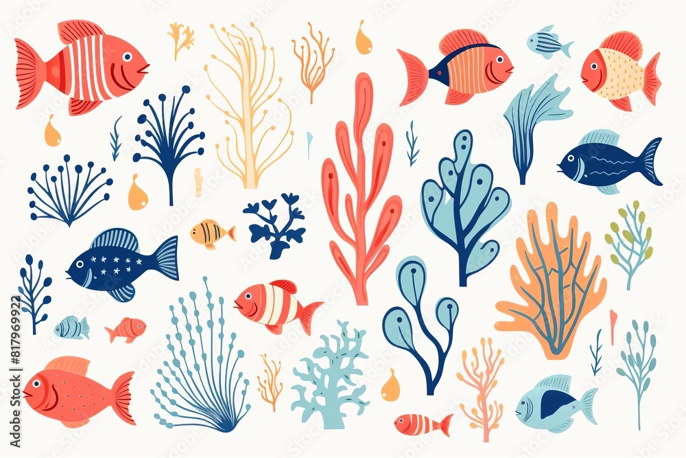 Marine life motifs flat design side view underwater theme animation ...