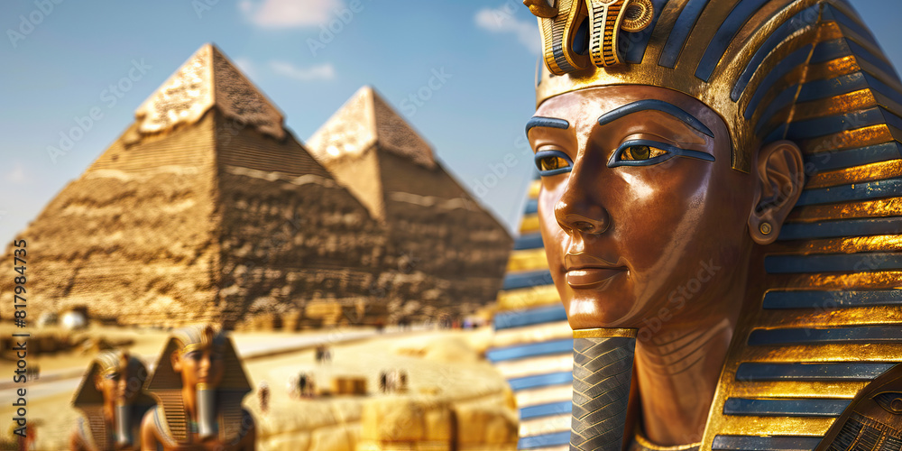 An Egyptian pharaoh, adorned with gold and jewels, oversees the ...
