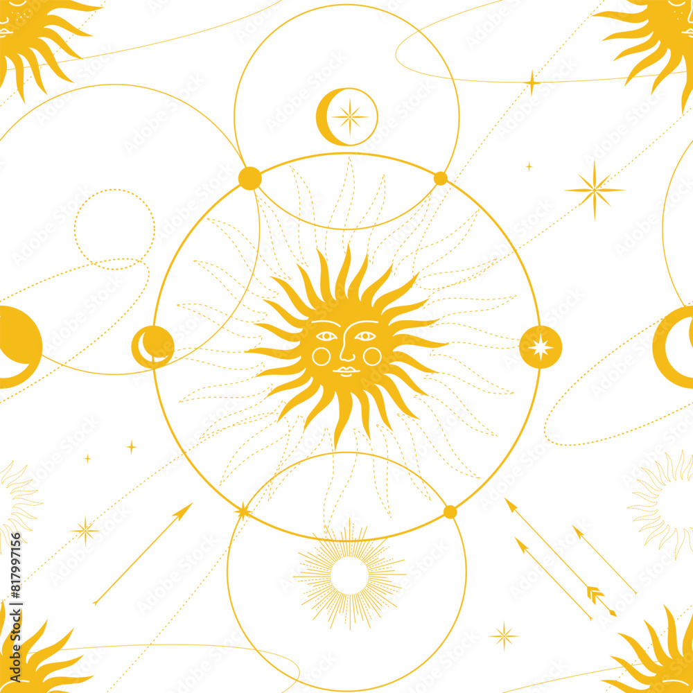 Seamless pattern with gold sun, celestial symbols. Composition of ...