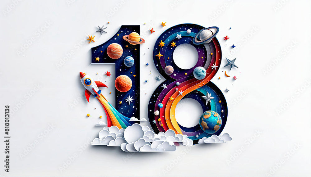 Number “18” in a vibrant space-themed design with planets and a rocket ...