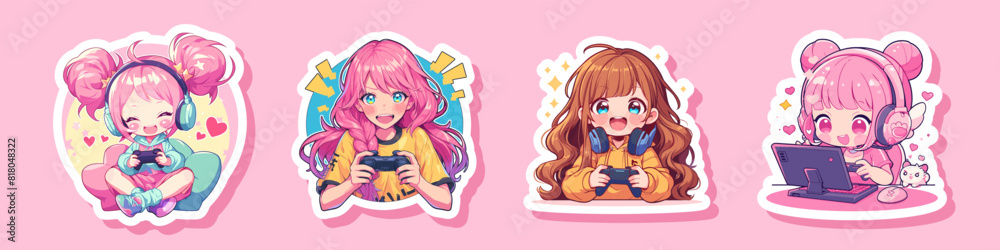 Set Anime girl gamer or streamer with gamepad joystick. Cartoon anime ...