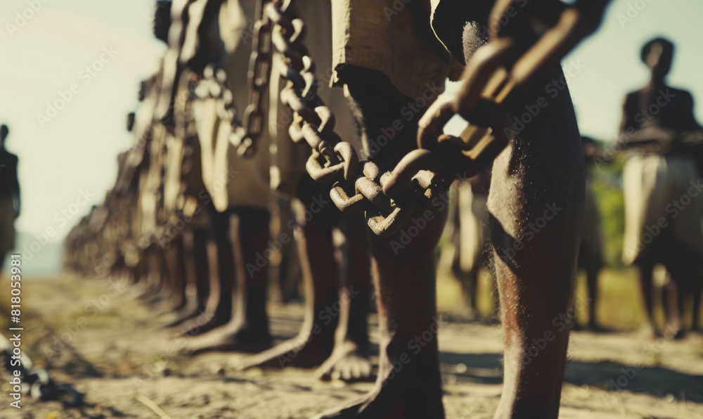 african slave line up bound by steel chain. for commemorate freedom ...