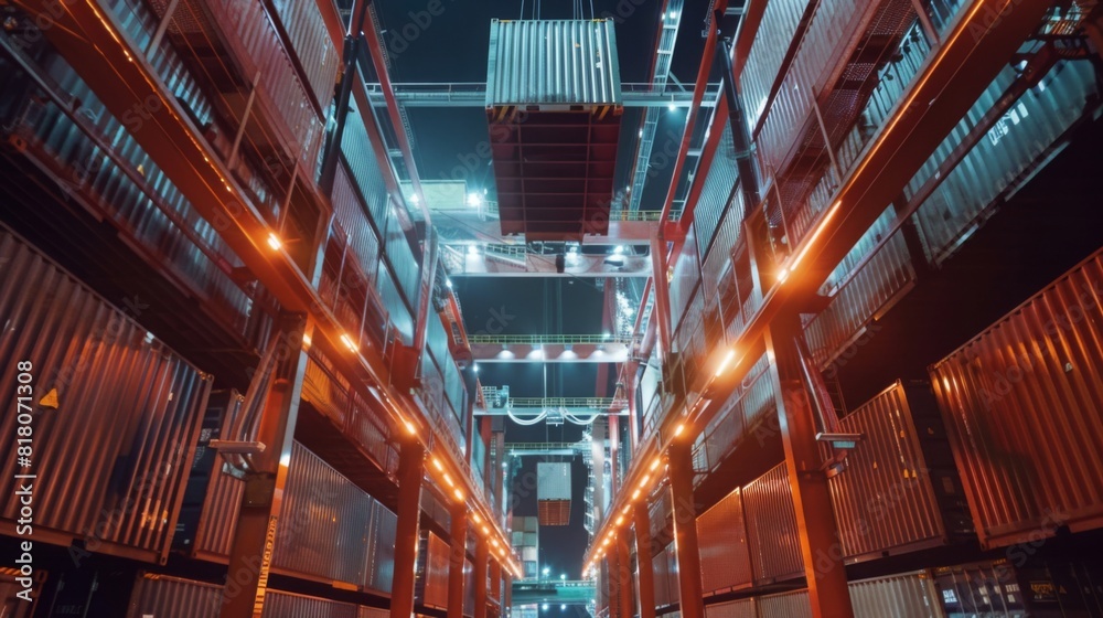 Show a time-lapse image of robotic arms swiftly loading and unloading cargo containers onto a ...