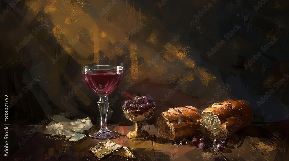 holy communion elements with chalice of red wine and bread christian ...