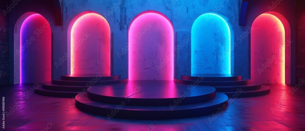 Public sculpture display mockup flat design front view neon theme 3D render Complementary Color ...